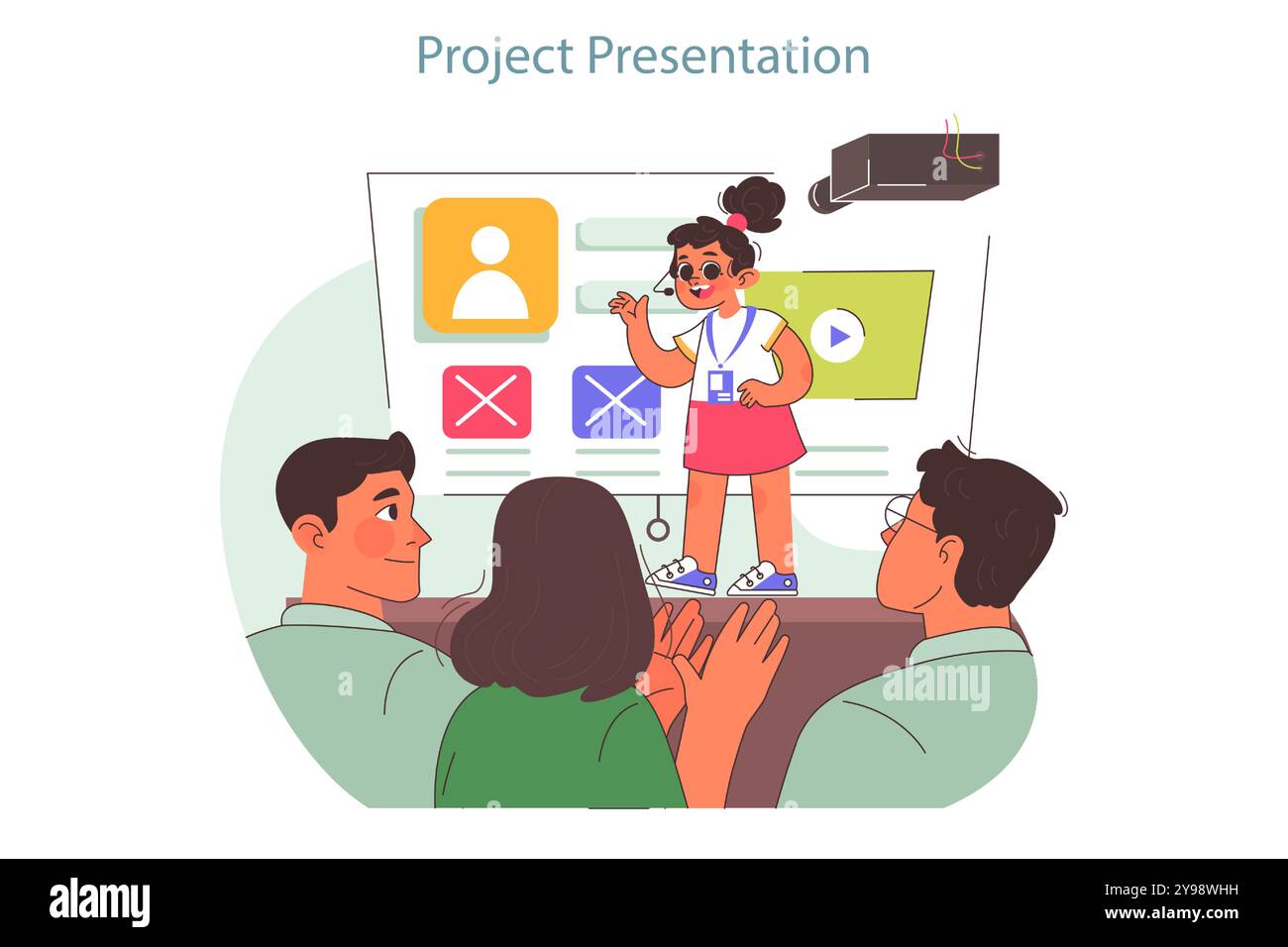 Tech camp for children. Student presenting her project at whiteboard ...