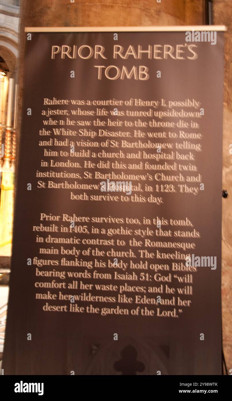 Sign explaining the history of Rahere, the first prior and founder of ...