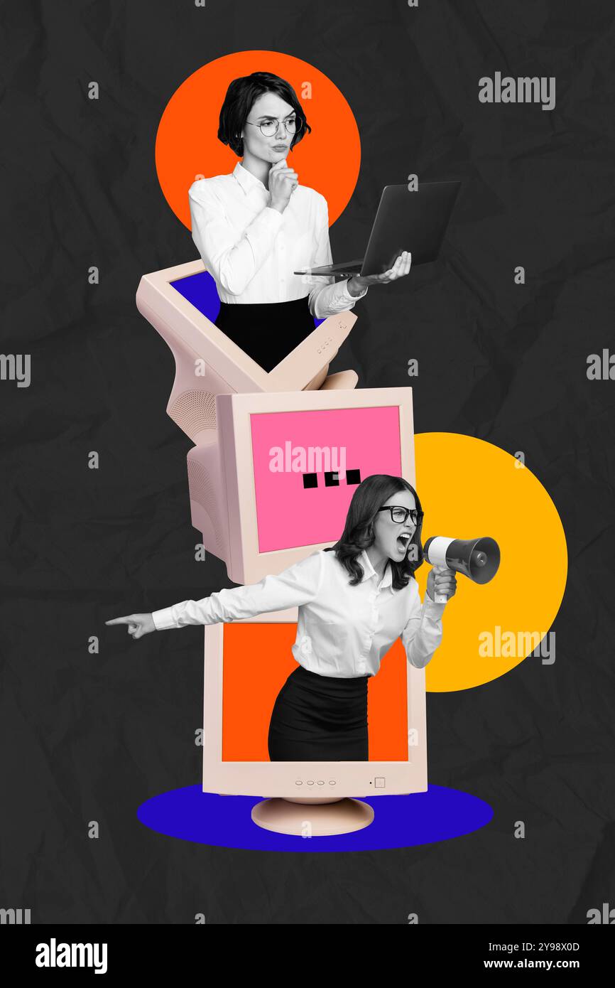 Creative drawing collage picture of two girls office workers managers ...