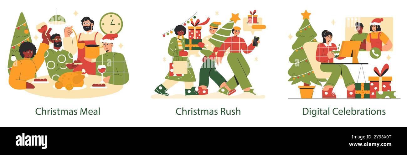 Christmas set featuring a festive meal, holiday shopping rush, and ...