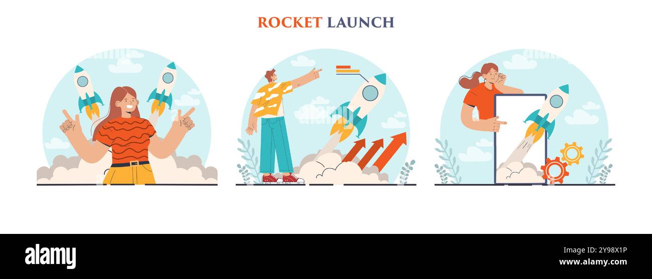 Rocket launch set. Business start up or successful project progress ...