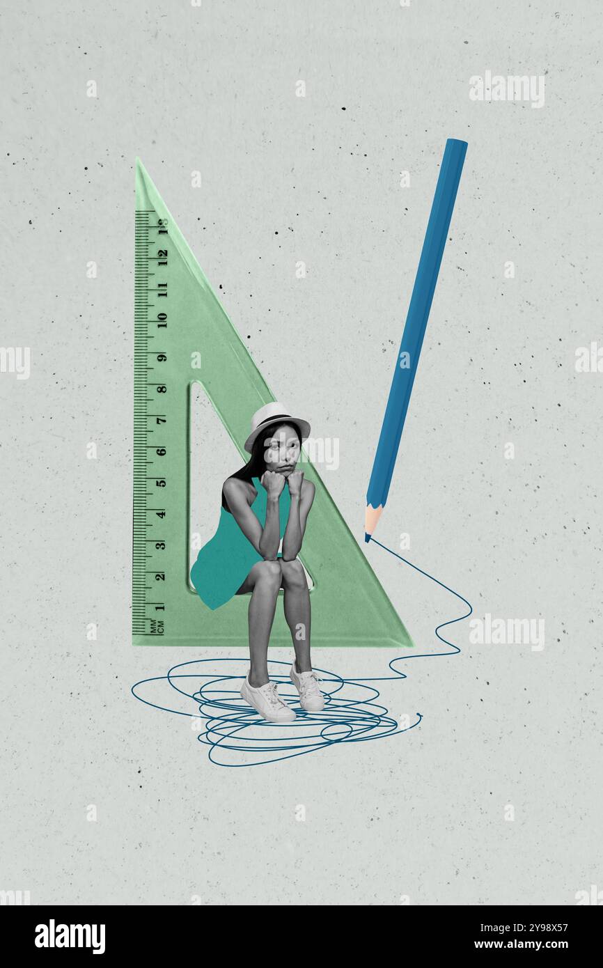 Trend artwork sketch photo collage of caricature workspace young woman ...