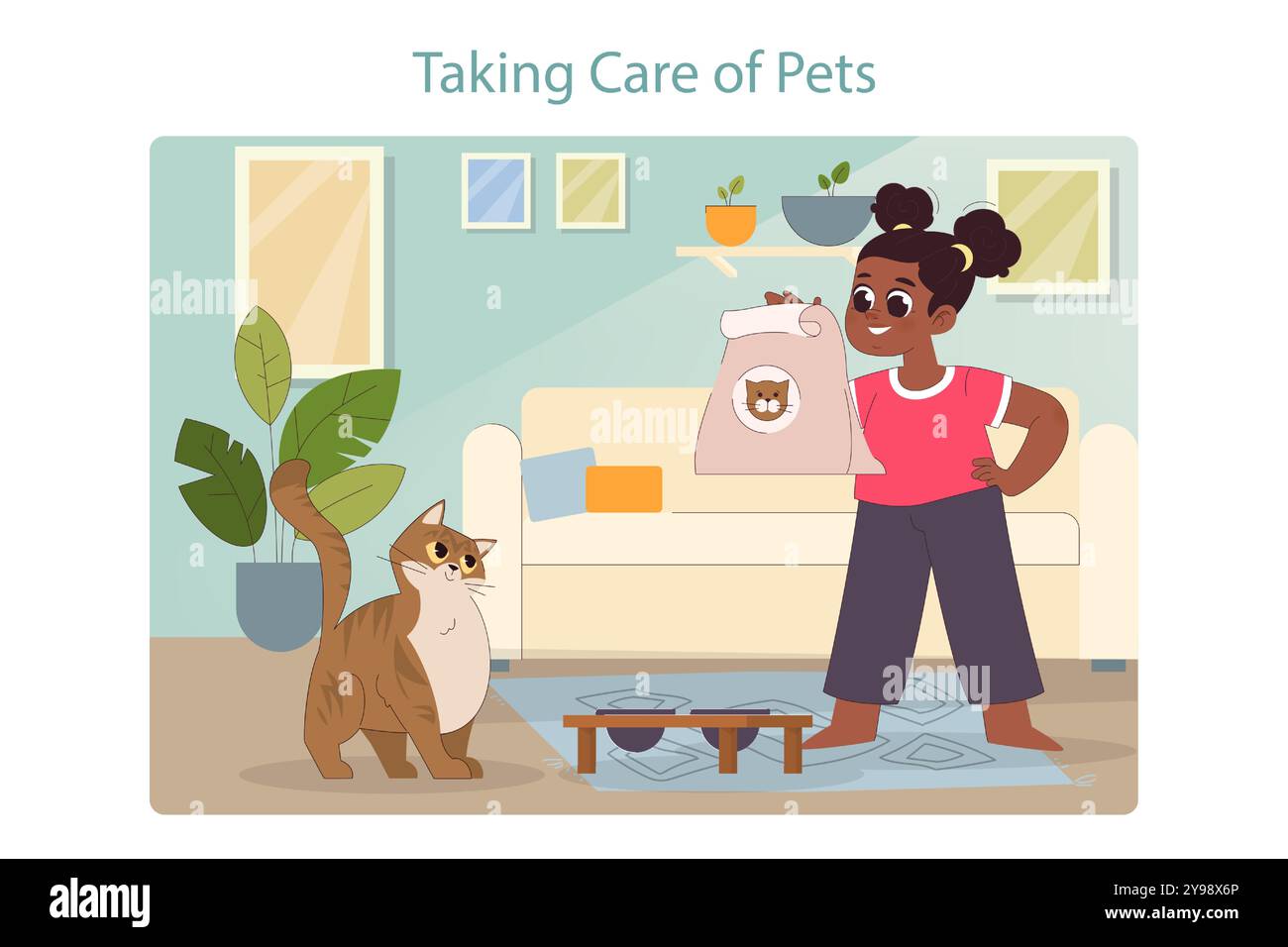 Little girl taking care of a cat. Happy domestic animals owner feeding ...