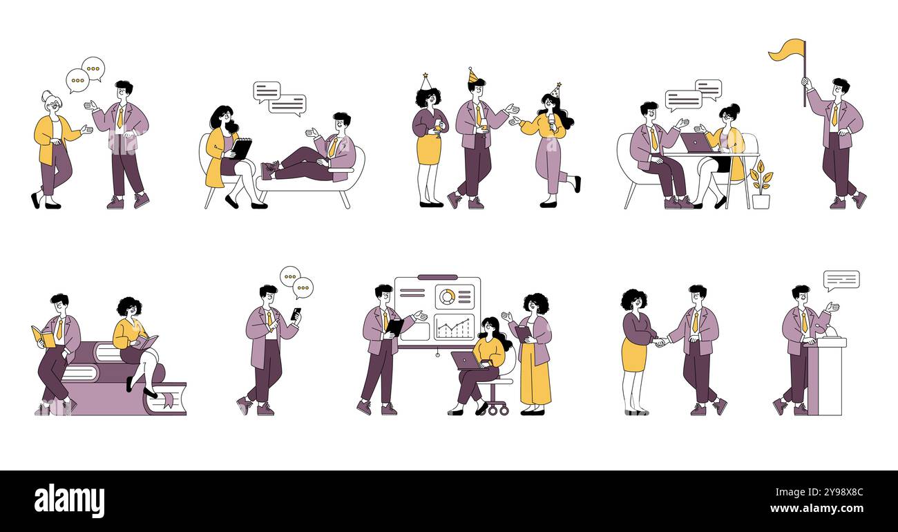 Business life set. Professional interaction and workplace dynamics in office settings ...