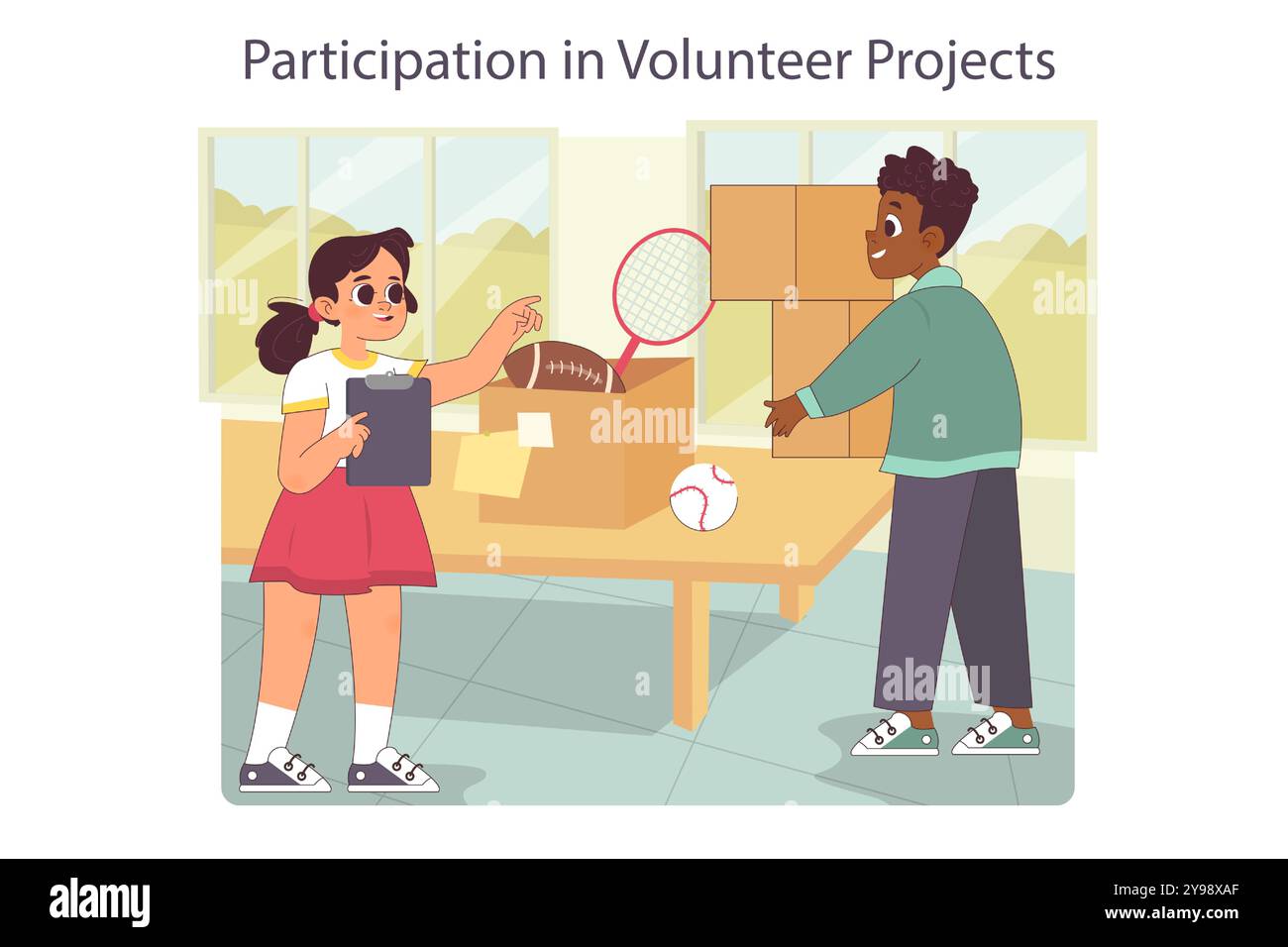 School volunteer project. Students collecting cardboard boxes with ...