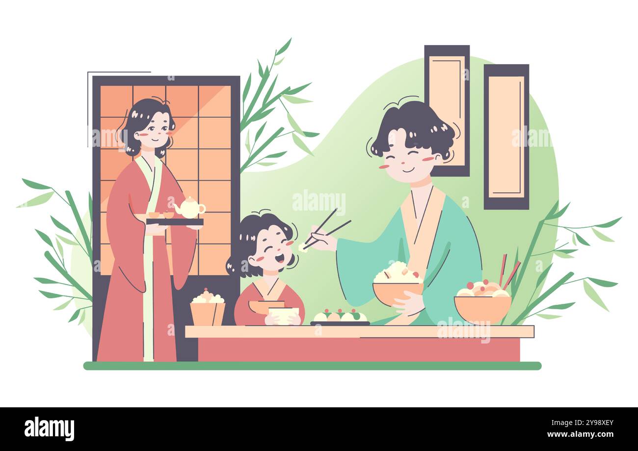 Daily routine of an asian family. Japanese characters in traditional ...
