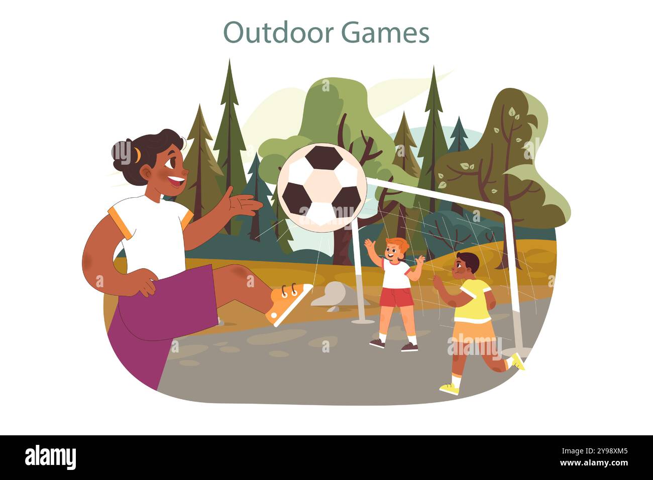 Summer camp outdoor activity. Happy kids playing football together in the rural area. Children ...