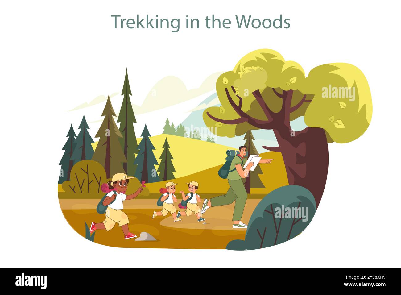 Summer camp. Happy kids enjoying holidays together in the rural area. Trekking in the woods with ...