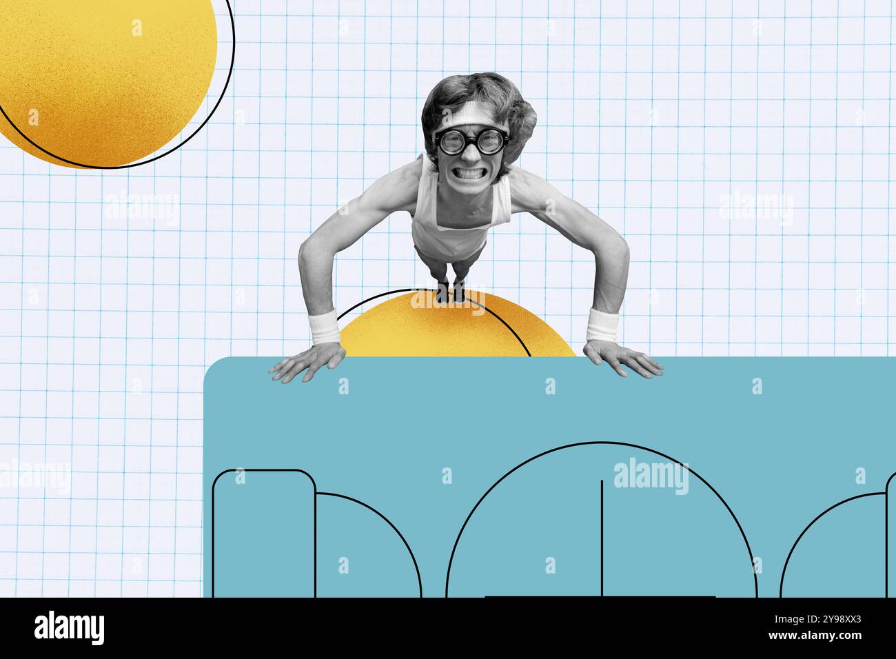 Creative picture collage young sportsman pushups exercise practicing ...