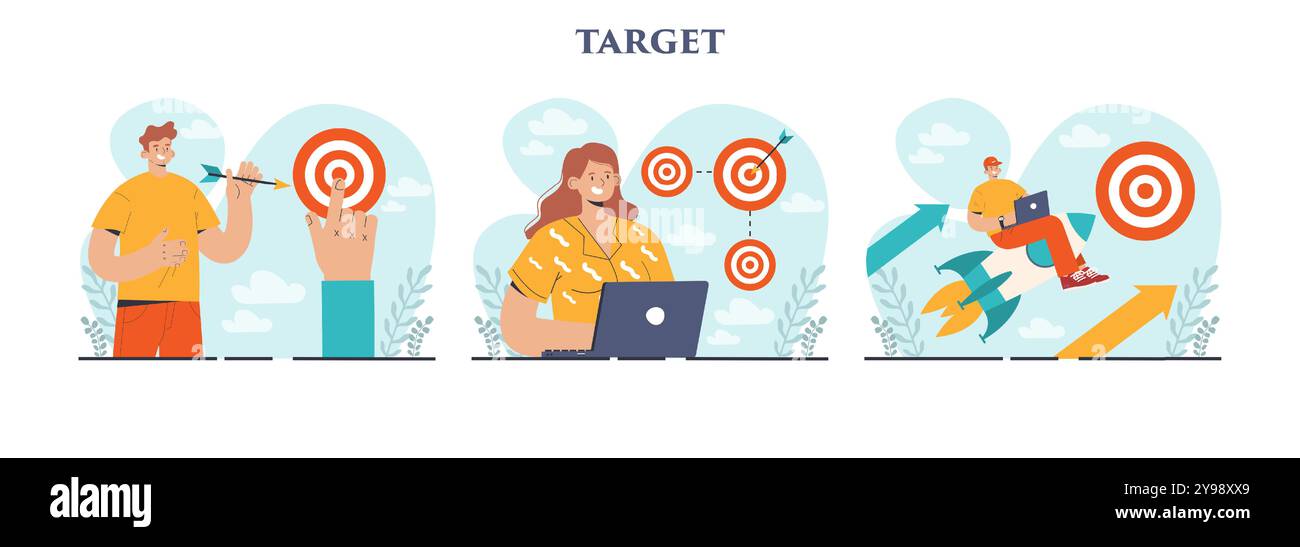 Target concept set. Ambitious characters aiming in target and shooting ...