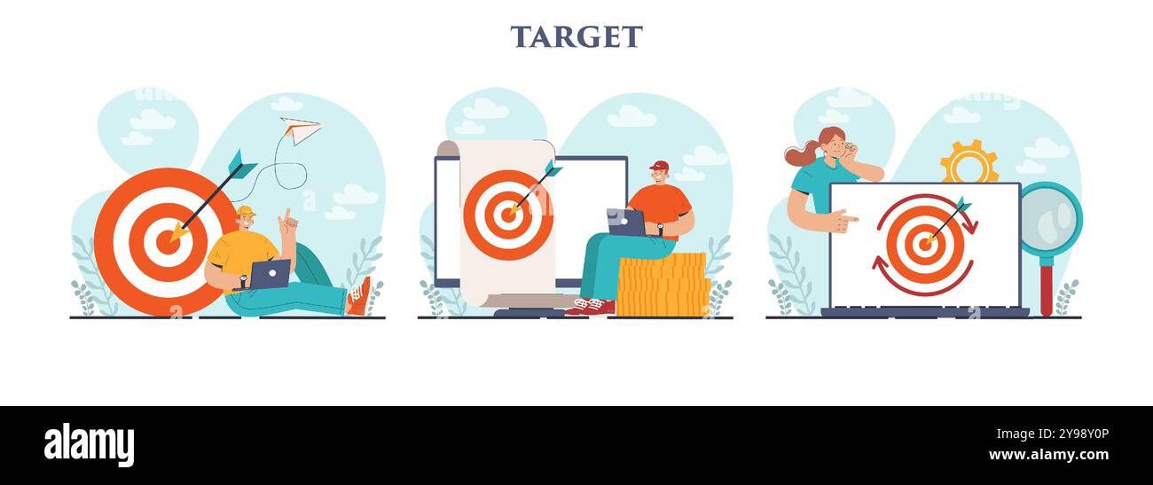 Target concept set. Ambitious characters aiming in target and shooting ...