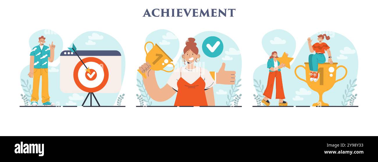 Achievement set. Reached milestone in business or education. Challenge ...