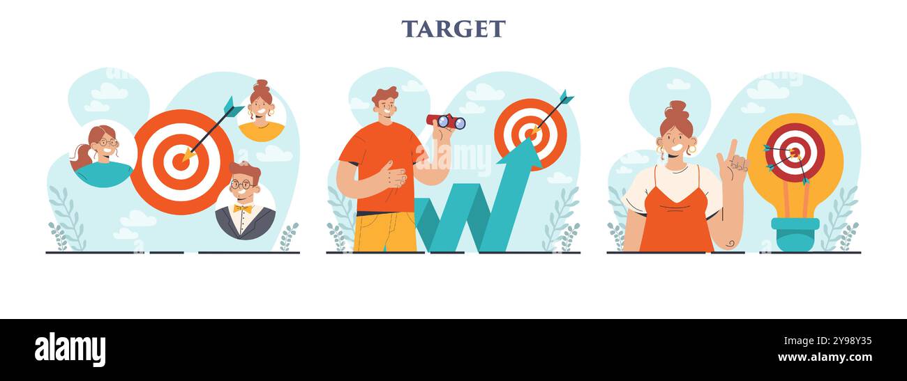 Target concept set. Ambitious characters aiming in target and shooting ...