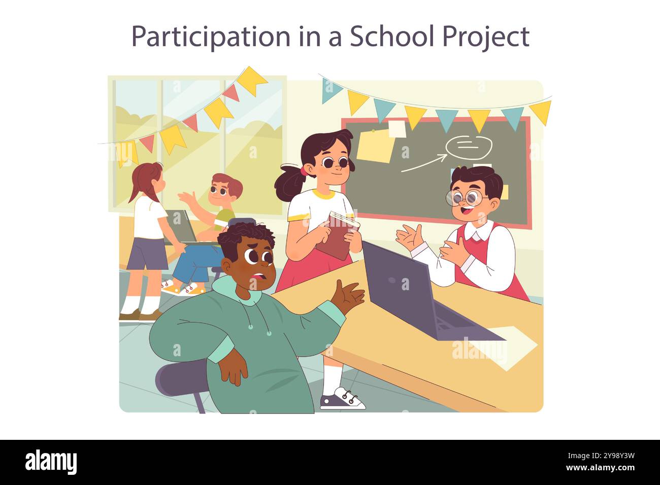 School education. Kids sitting at the desk in a classroom and ...