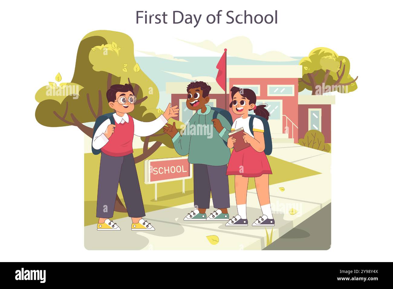 First day at school. Students with backpacks excited about going back ...