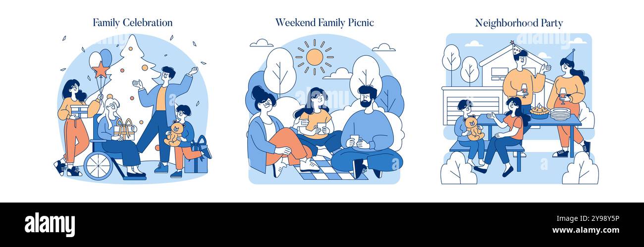 Family events set portraying a family celebration, picnic, and ...