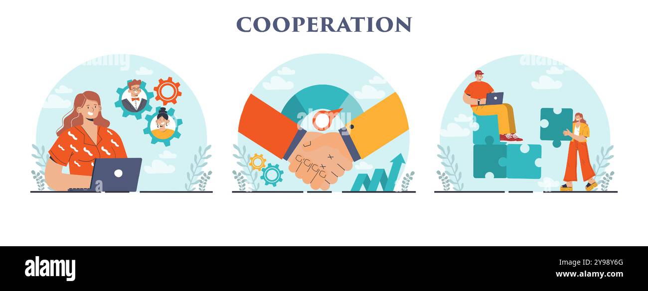 Cooperation concept set. Collaboration and teamwork. Office characters ...