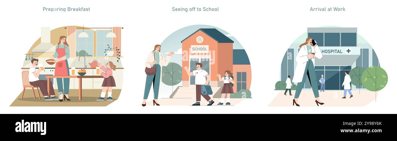 Medical professional's daily routine set. Starting with a family ...