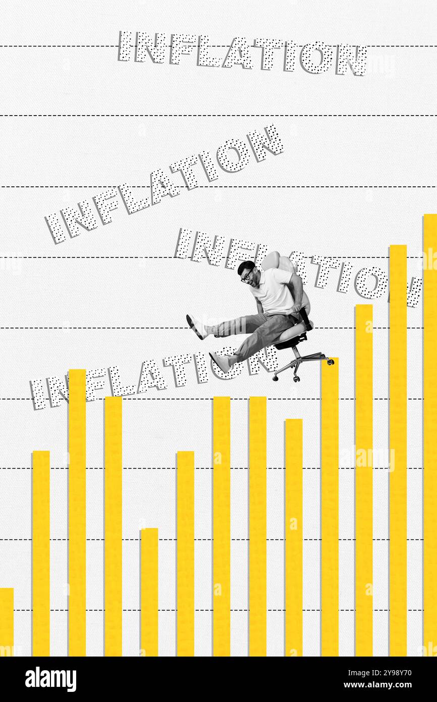 Vertical photo collage of happy inexperienced guy fly chair inflation ...