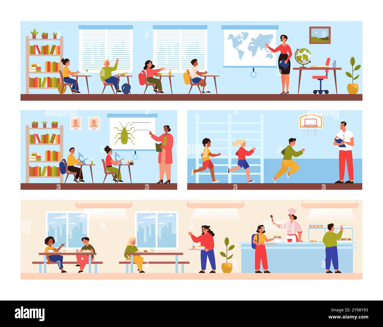 Elementary school building interior. Three floors of classrooms, dining ...