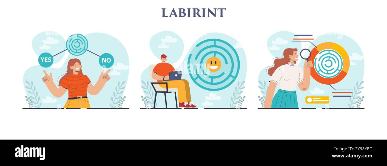 Labyrinth concept set. Decision-making or problem solving. Character trying to find a way. New ...