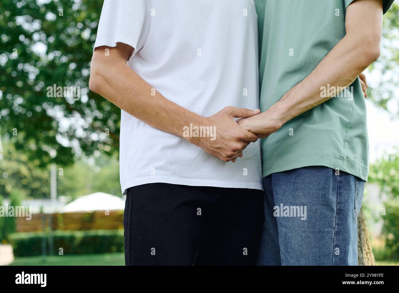 A loving gay couple embraces deeply in a lush green park, celebrating ...