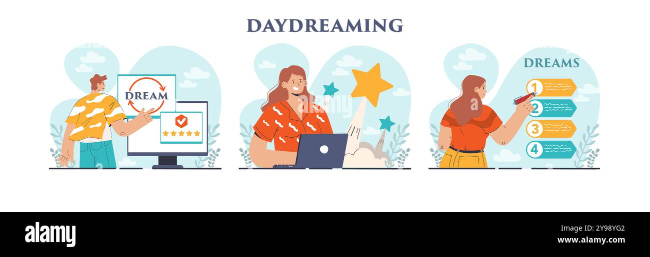 Daydreaming concept set. Young characters dreaming or daydreaming ...
