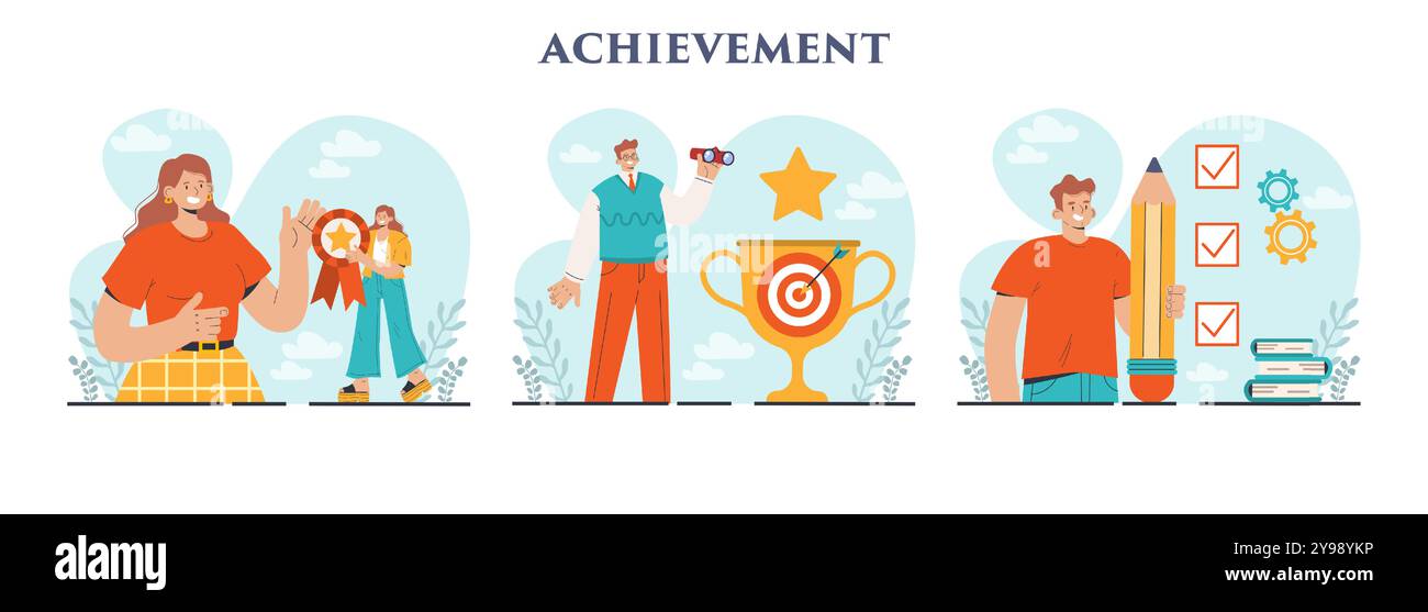 Achievement set. Reached milestone in business or education. Challenge ...