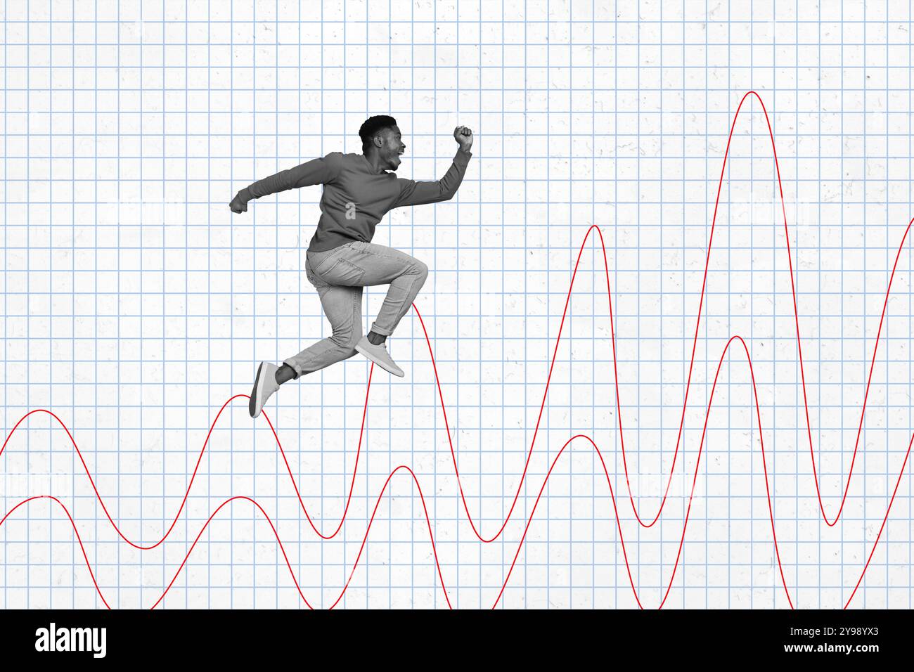 Composite collage image of funny young man running sounds wave stream ...