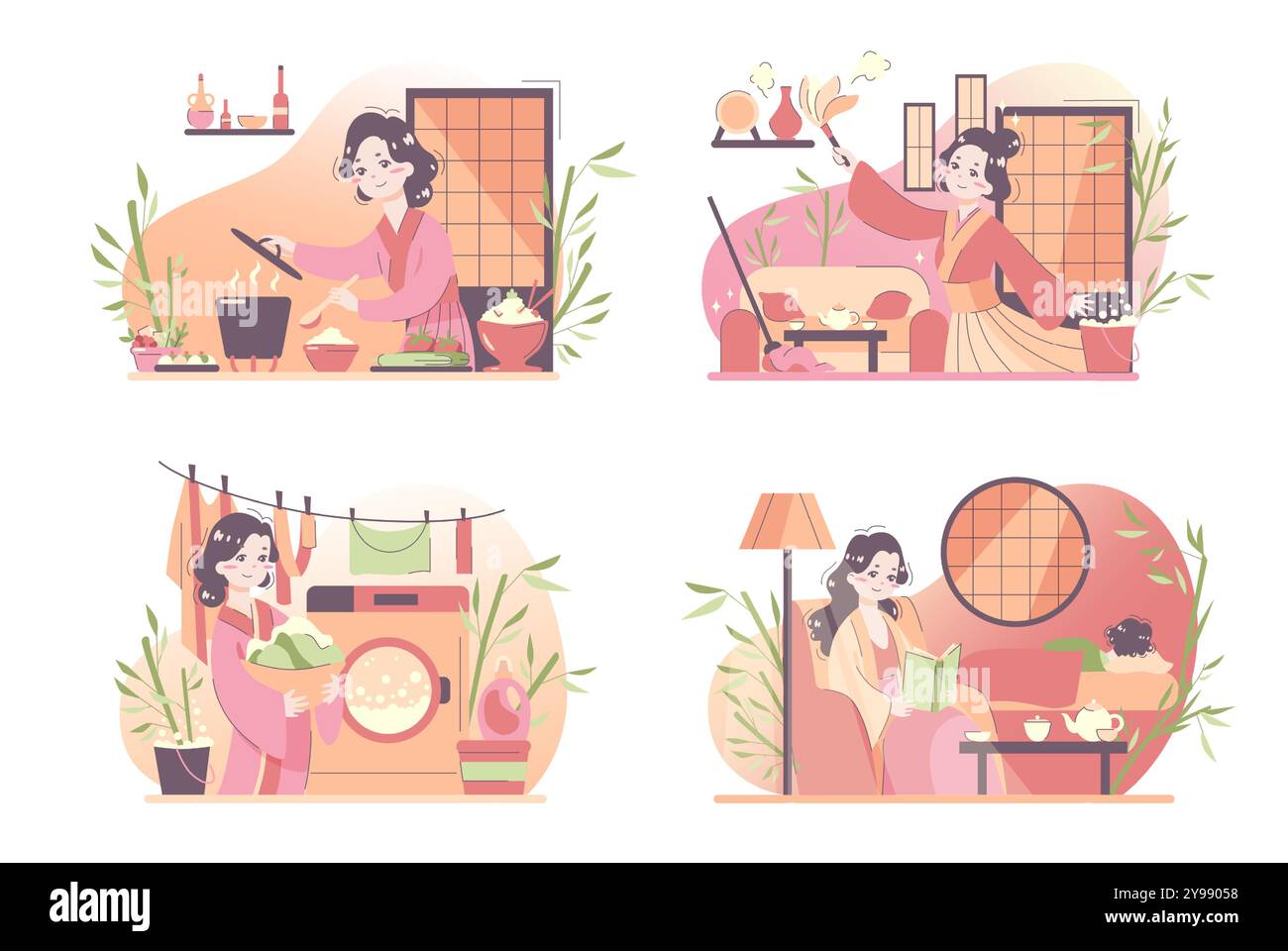 Daily routine of an asian woman set. Japanese housewife chores and ...