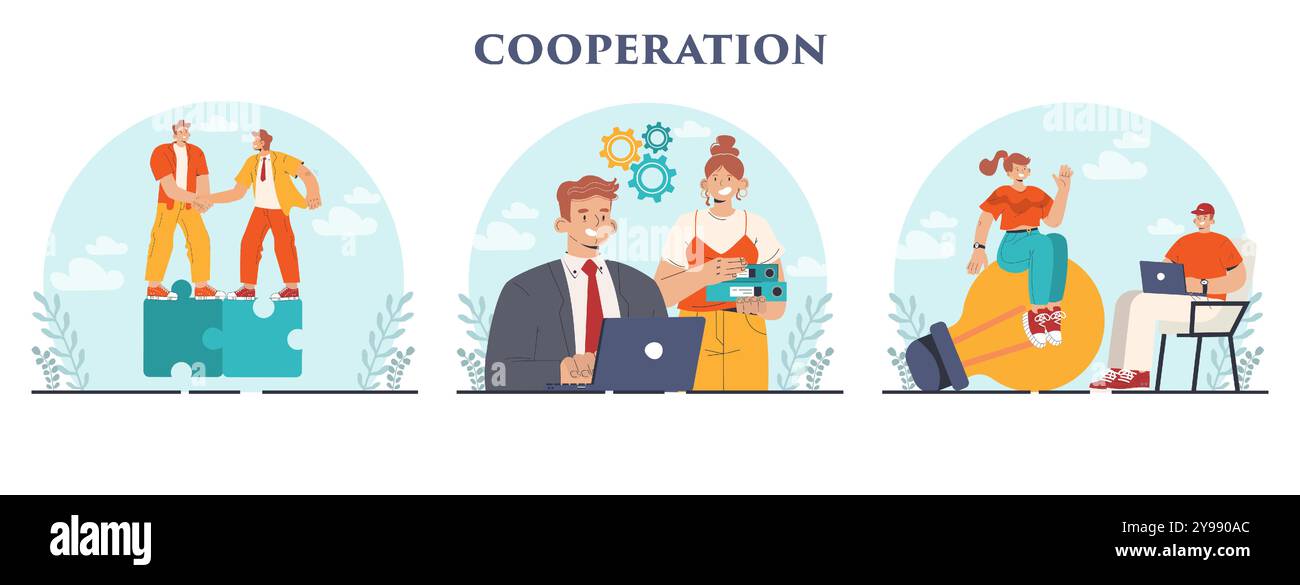 Cooperation concept set. Collaboration and teamwork. Office characters ...