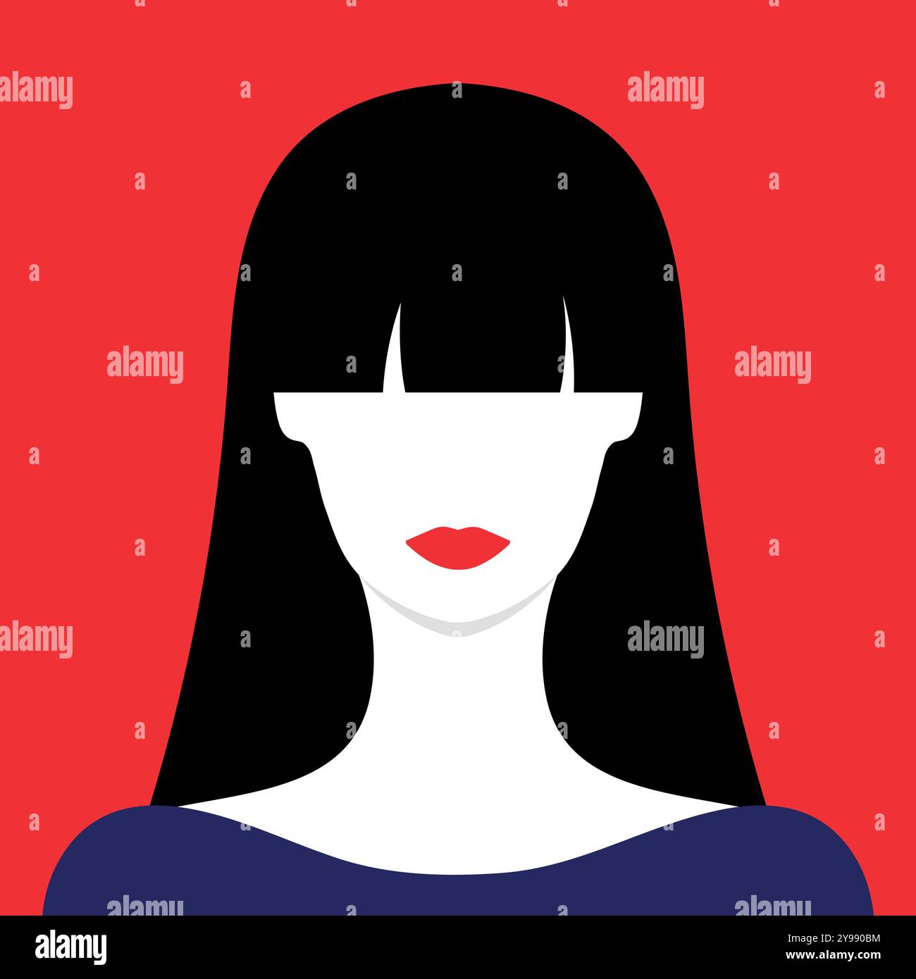 Abstract faceless portrait of a woman with red lips and bangs hair ...