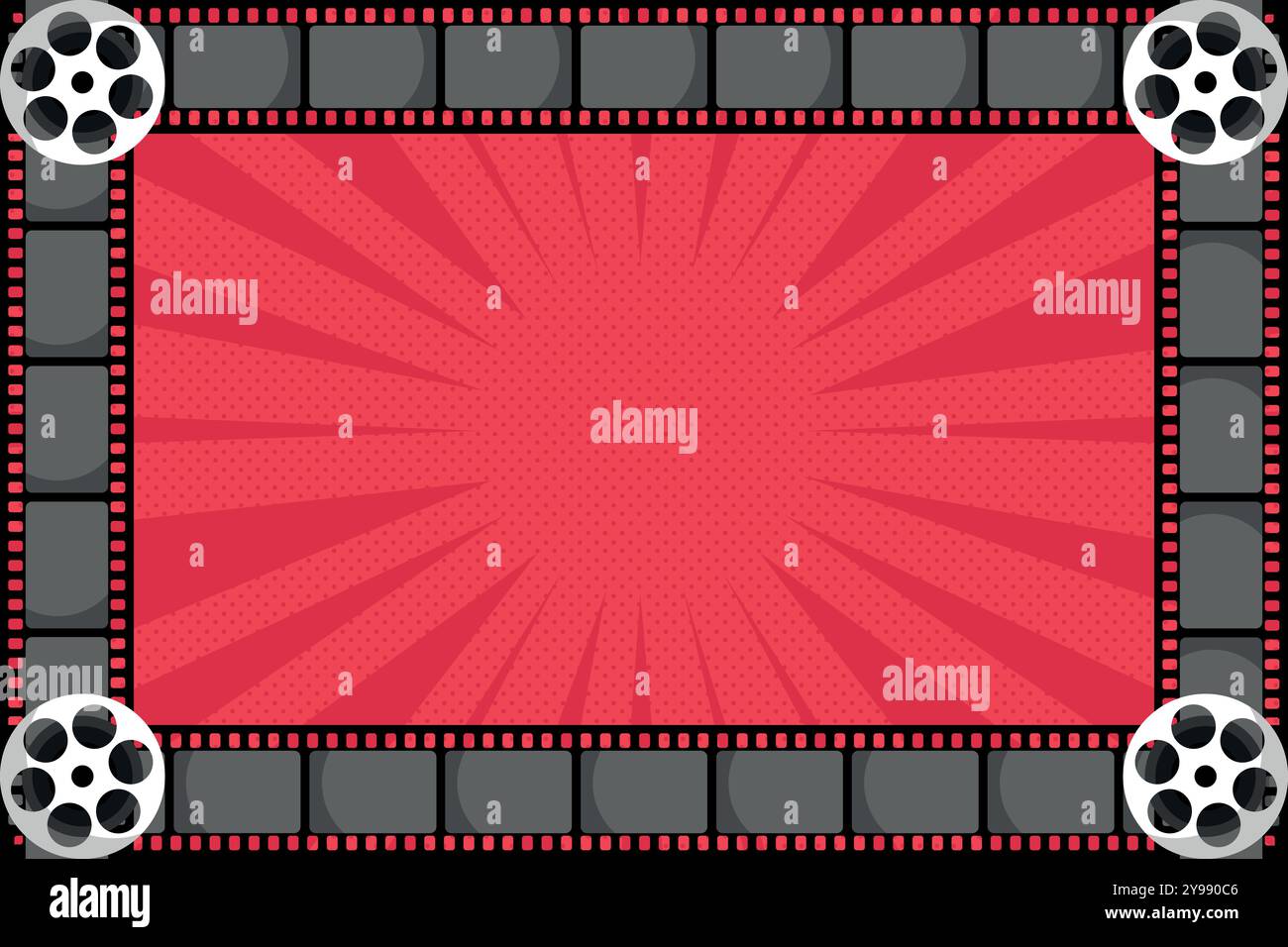 Red pop art cinema background decorated with film strip and film reel ...
