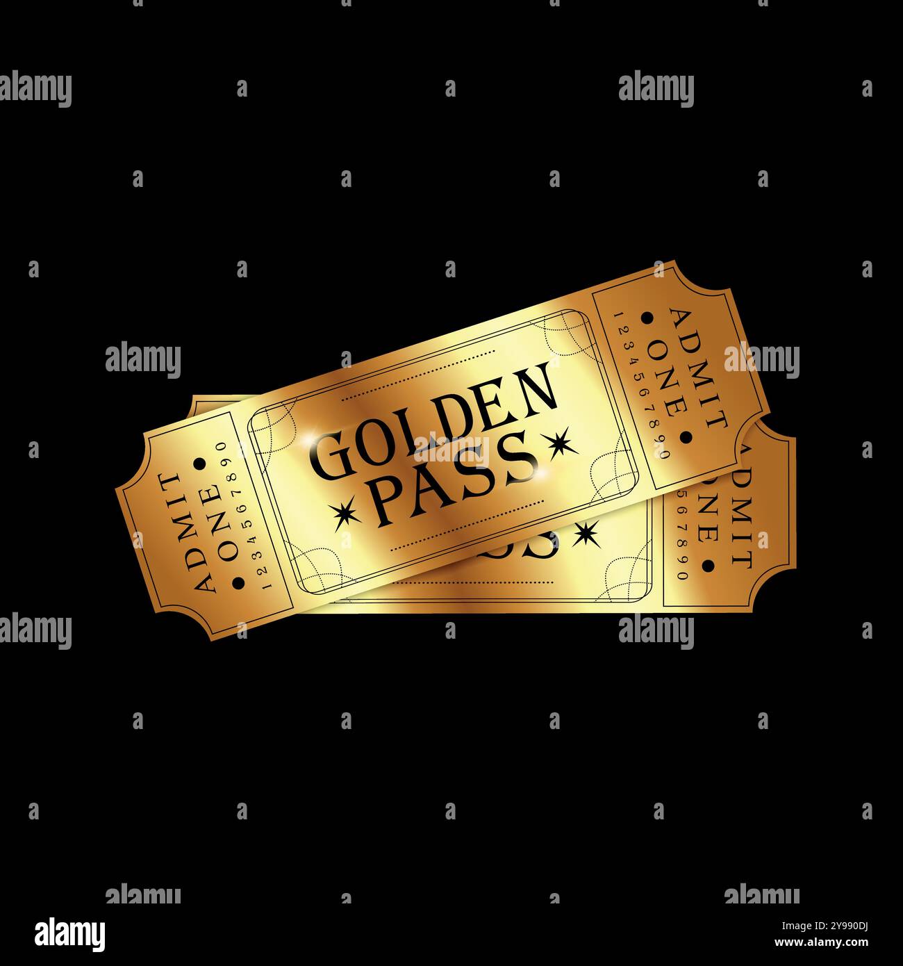 Two shiny golden pass tickets on black background. Vector illustration ...
