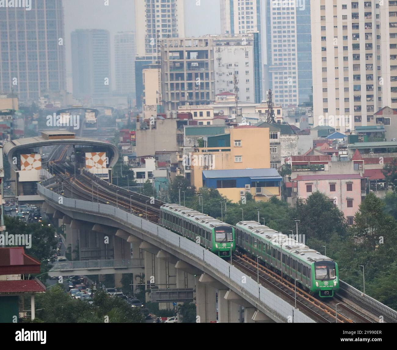 Hanoi, Vietnam. 9th Oct, 2024. Trains run on the Cat Linh-Ha Dong urban elevated railway in ...