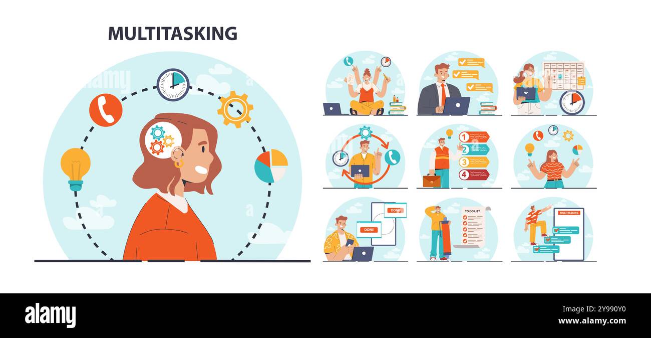Multitasking concept set. Effective and competent office worker ...