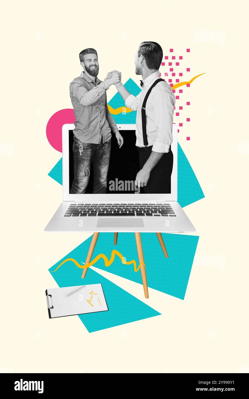 Vertical composite collage image picture of two mini men handshake ...