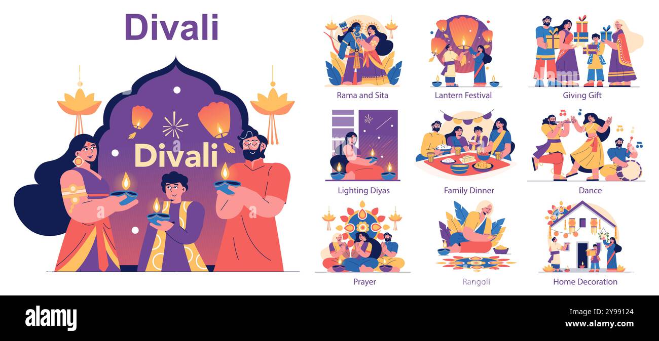 Diwali festival set. Illustrates traditions and rituals like lighting ...