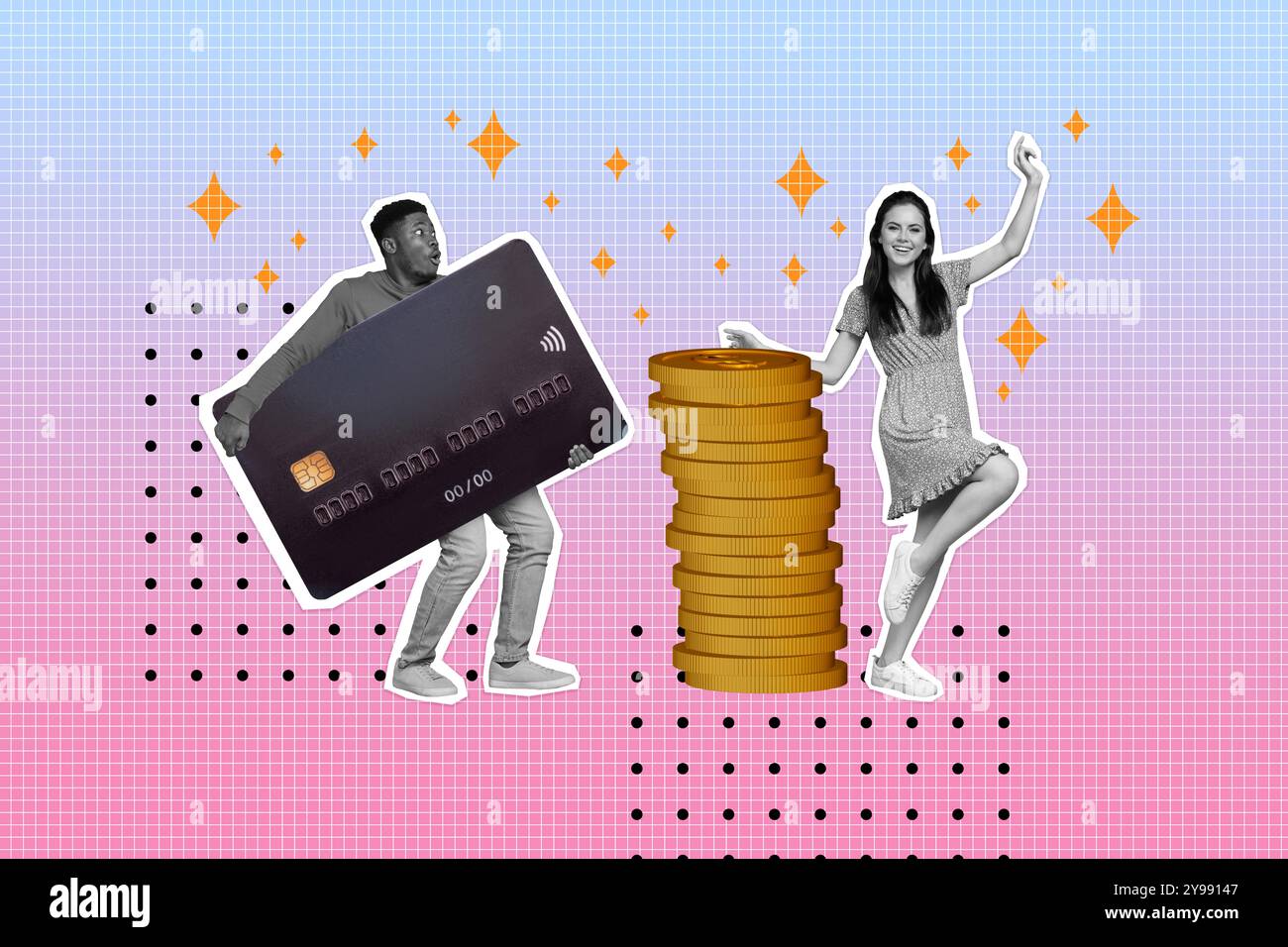 Composite collage image of young couple earning money payment credit ...