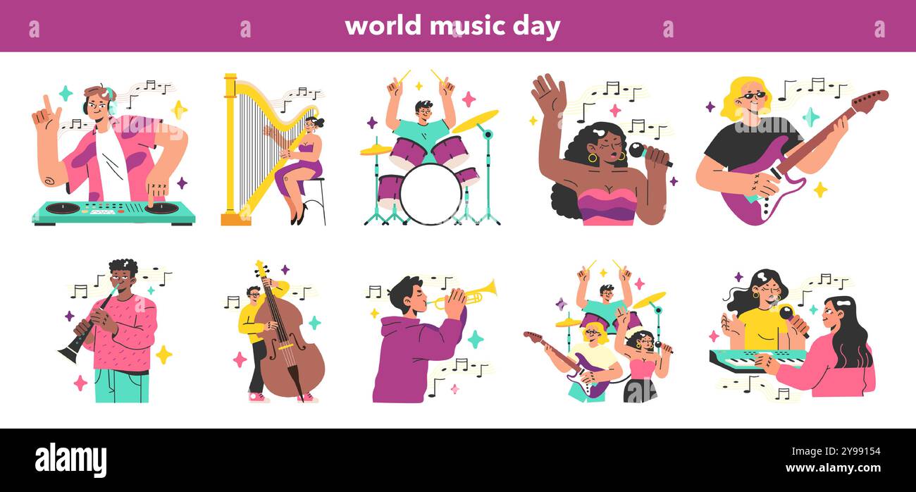 Performing musicians set. Characters playing musical instruments and ...