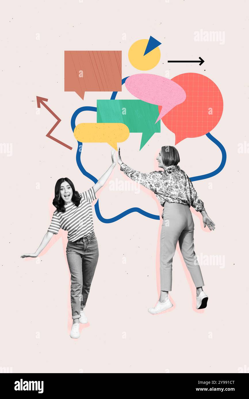 Vertical collage picture teamwork communication textboxes replies ...