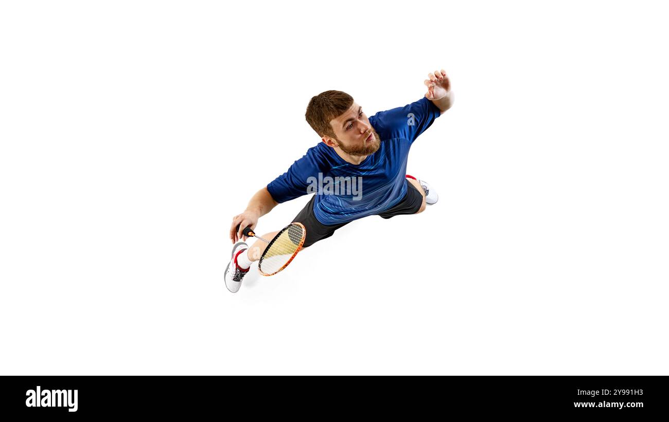 Athlete in motion, shows dynamic power of badminton jump shot, against ...