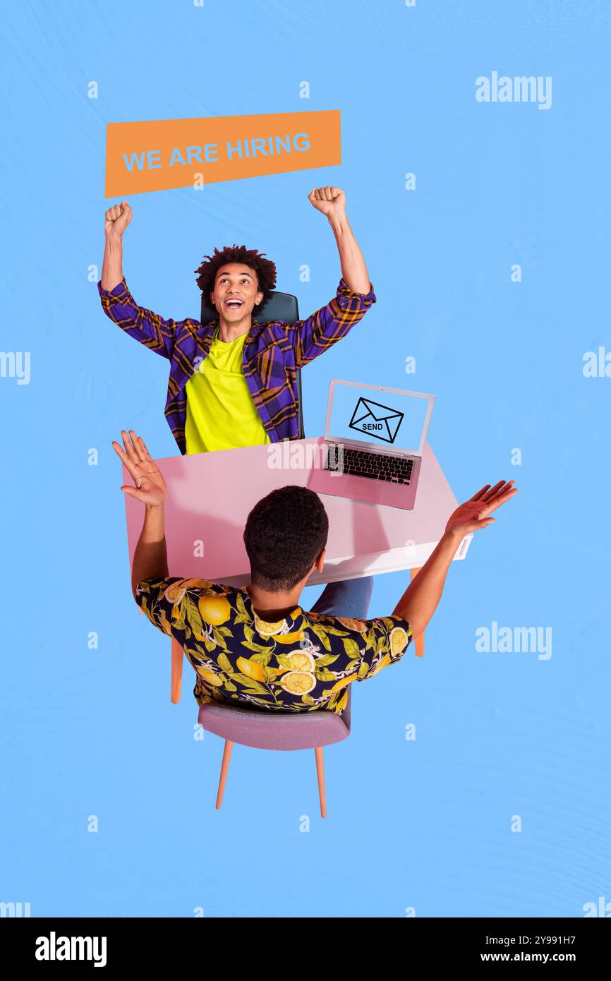 Composite collage image of excited young man winning job interview ...