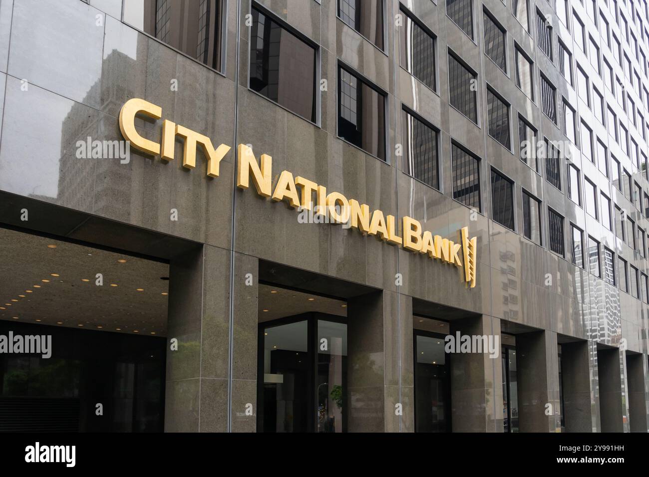 The City National Bank sign on the building at its headquarters in Los ...