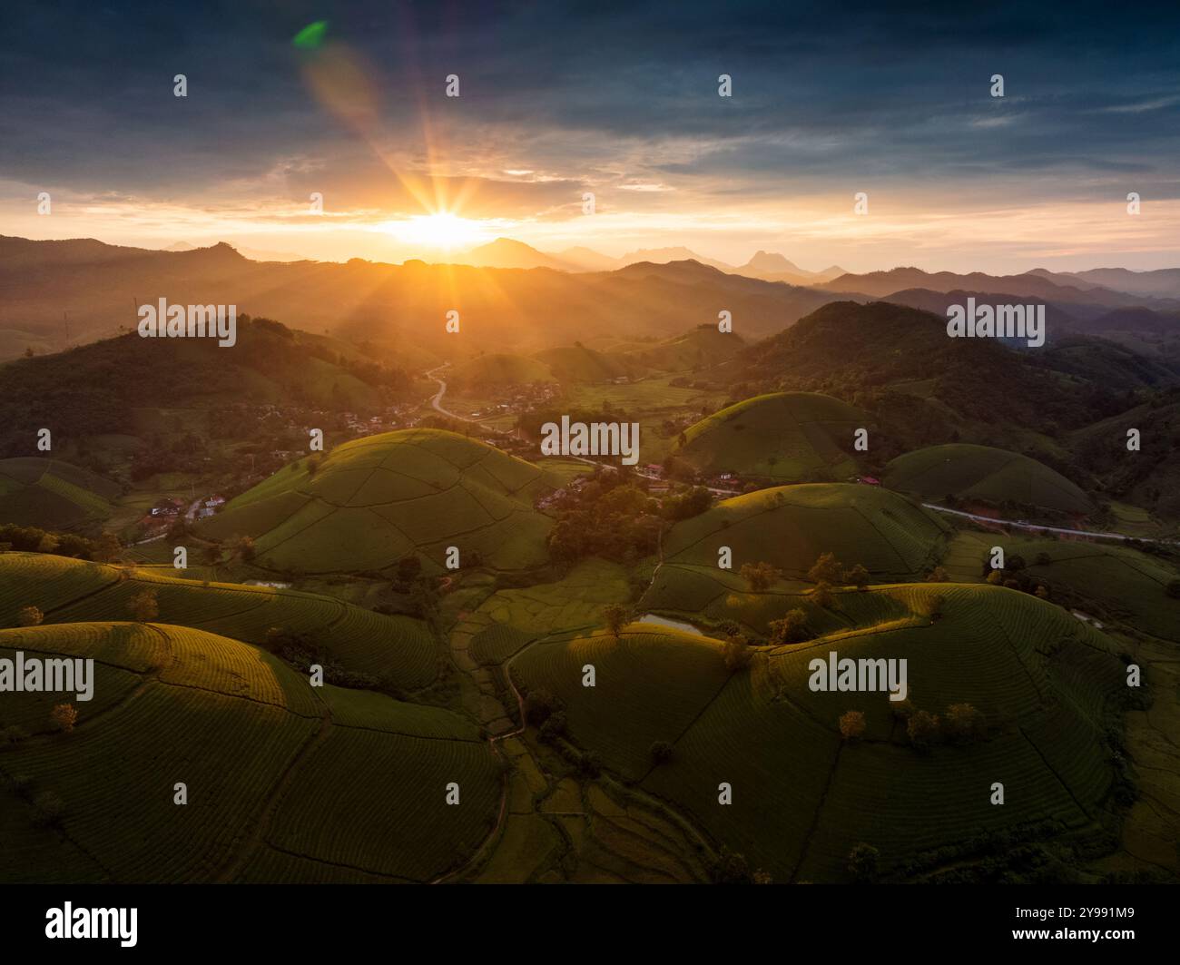 Aerial view of beatiful sunset at Long Coc tea hill, Phu Tho province ...