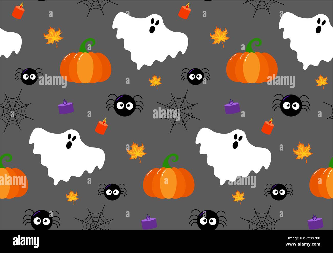 Halloween Pattern with Pumpkins, Skull Spooky ghost, spider, web, leaves, orange and purple ...