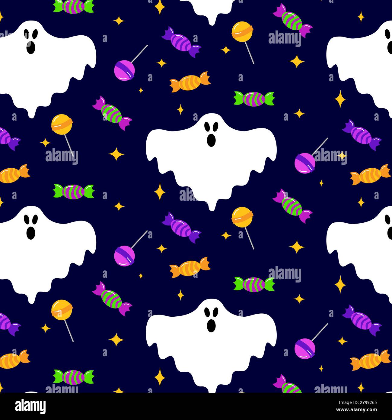 Vector Halloween seamless pattern with ghost, candy and lolipop. Cute holiday repeated texture ...