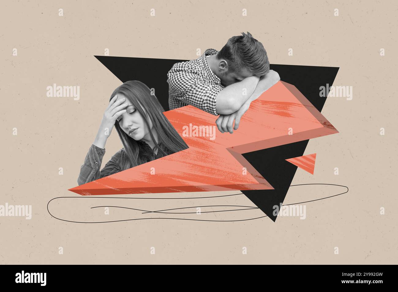 Creative collage young woman man depression sadness crisis burnout ...