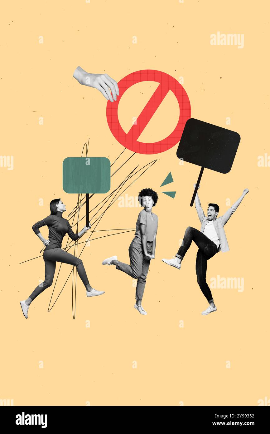 Vertical photo collage of voted girl guy scream picket concept protest ...