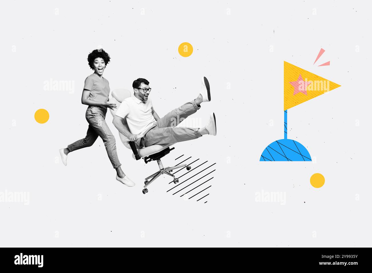 Creative photo collage young man woman armchair achieve goal aim target ...